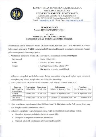 PENGUMUMAN PEMBEKALAN KKN DAN_ATAU PK SEM GASAL TA. 2024_2025 | Unit Layanan Magang, KKN, PK